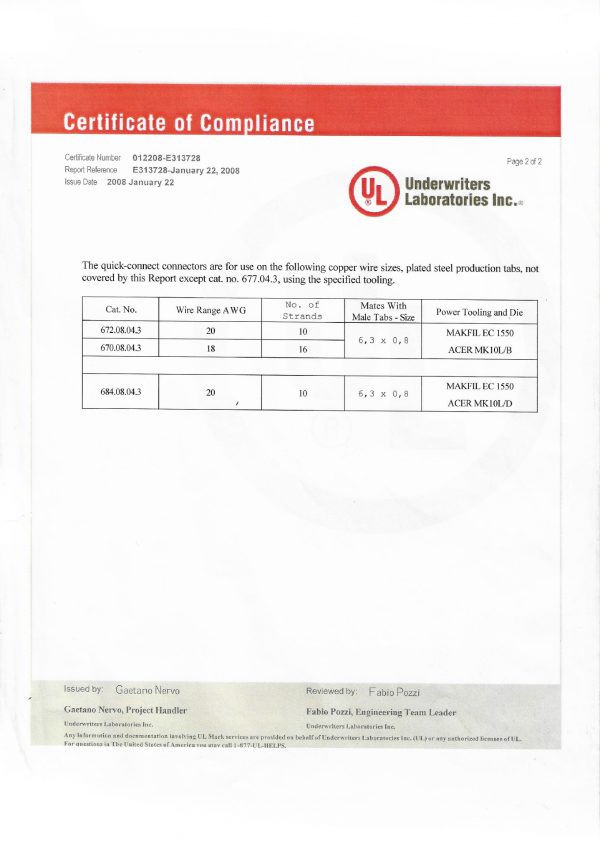 UL CERTIFICATE NICK PLATED TERMINALS-2 - IMP GROUP - terminals, connectors, fuses, cosses ...